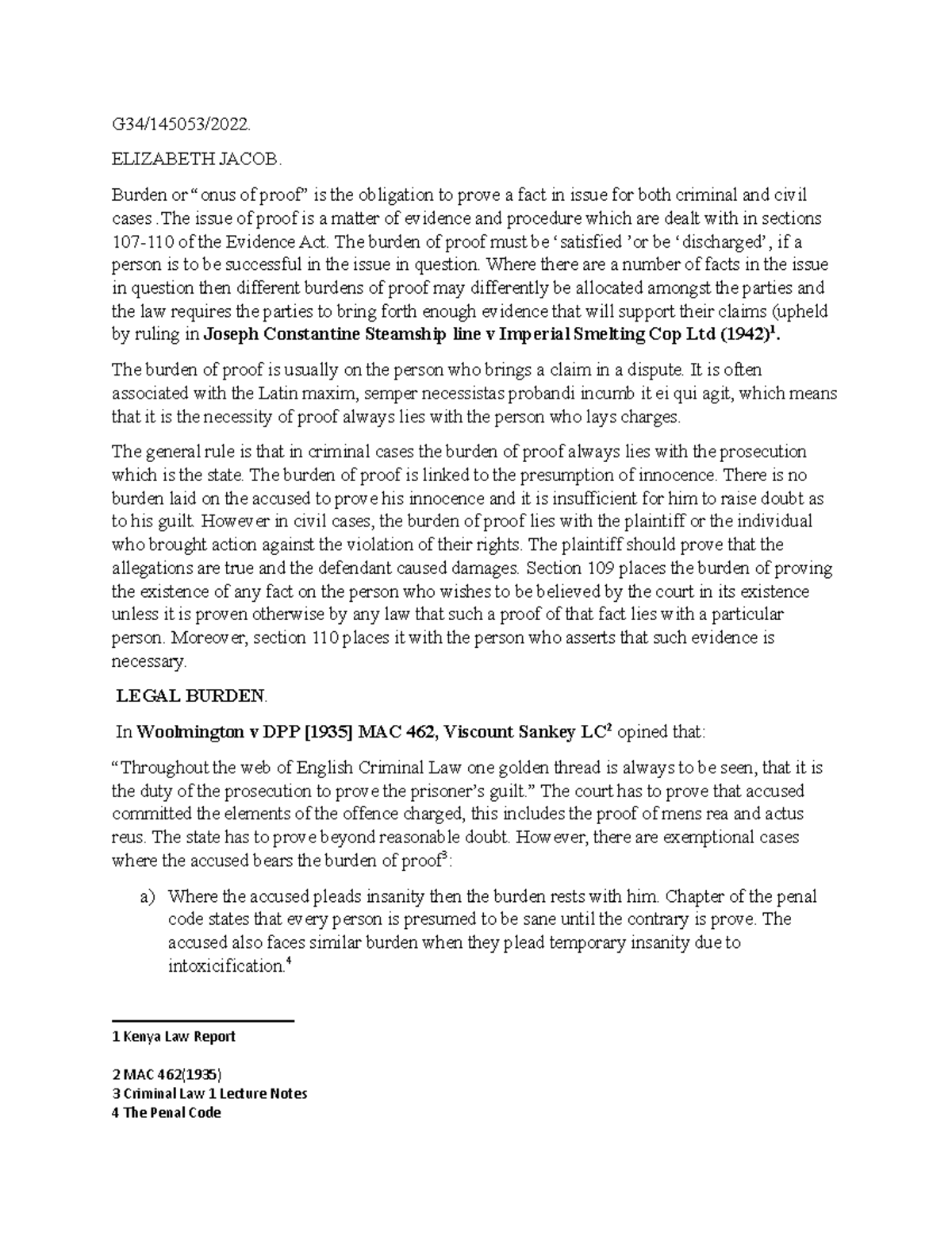 Criminal LAW 1 Assignment - G34/145053/2022. ELIZABETH JACOB. Burden or ...