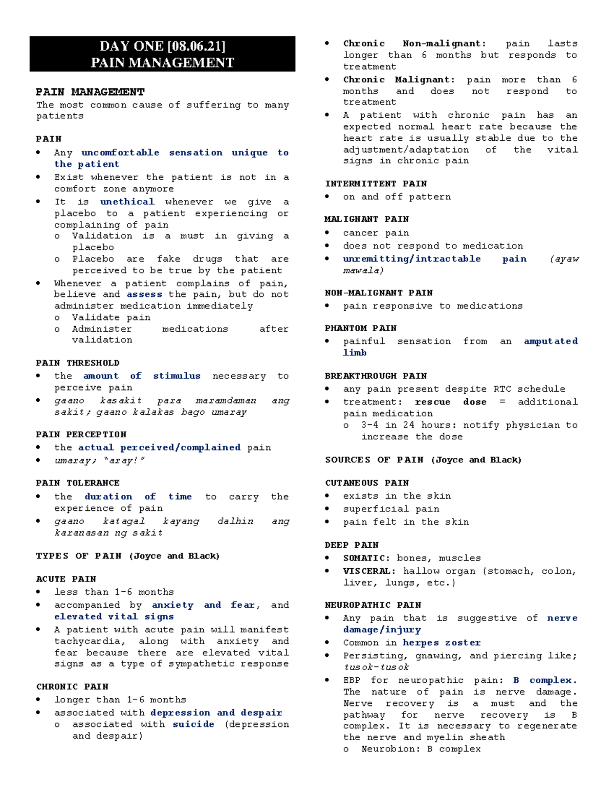 Mixed nursing notes - for academic use - DAY ONE [08] PAIN MANAGEMENT ...
