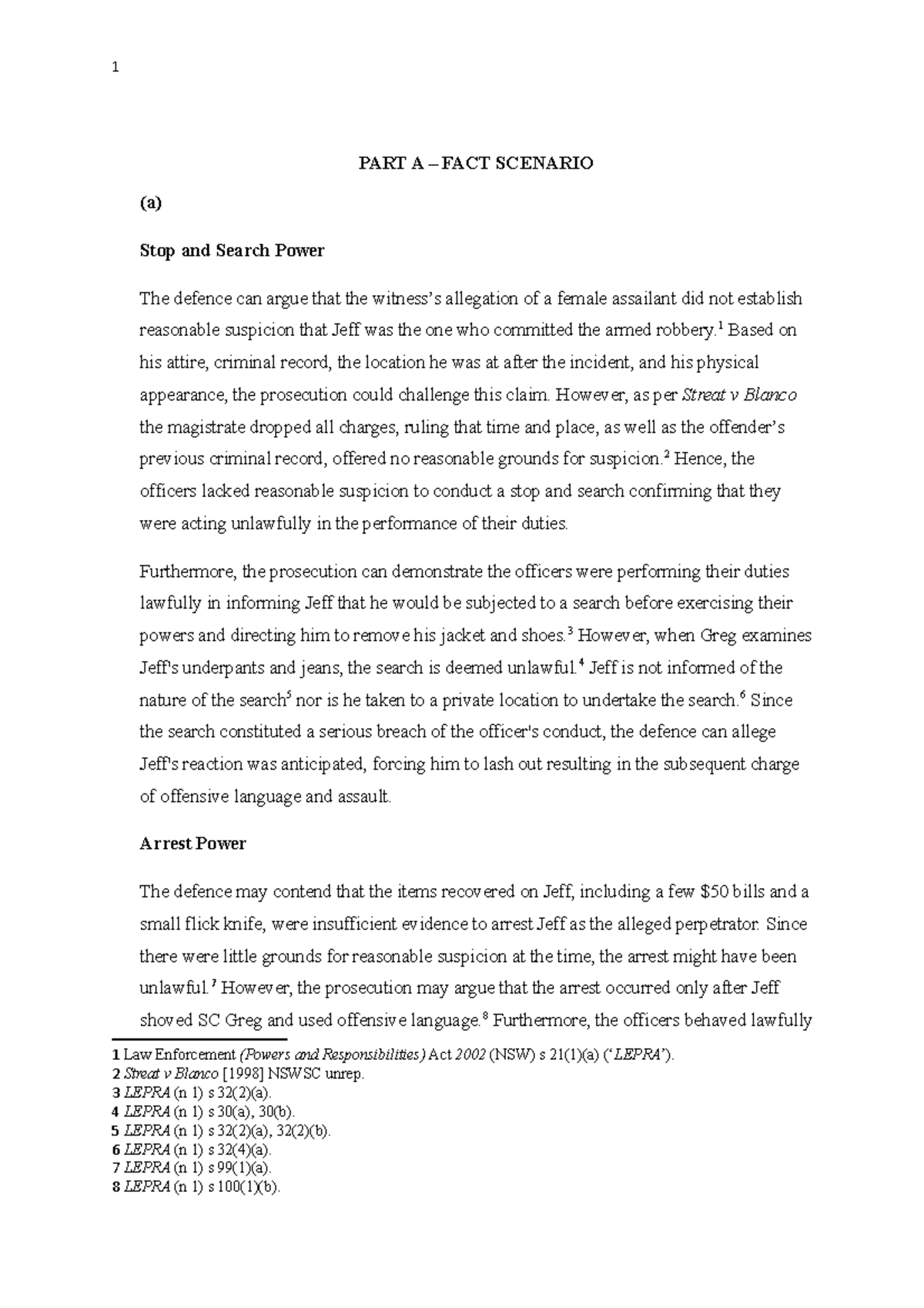 CRIM2020 Fact Scenario Analysis - PART A – FACT SCENARIO (a) Stop and ...