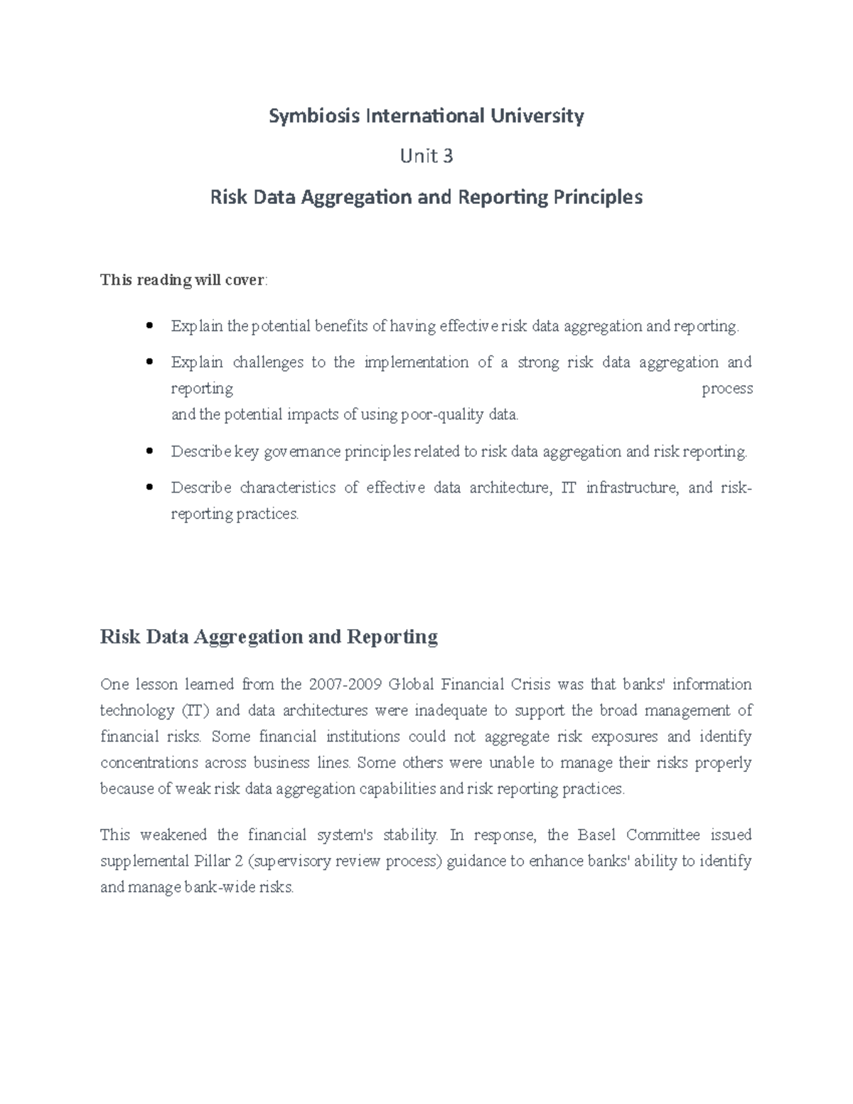 Unit 3 Risk Data Aggregation - Symbiosis International University Unit ...