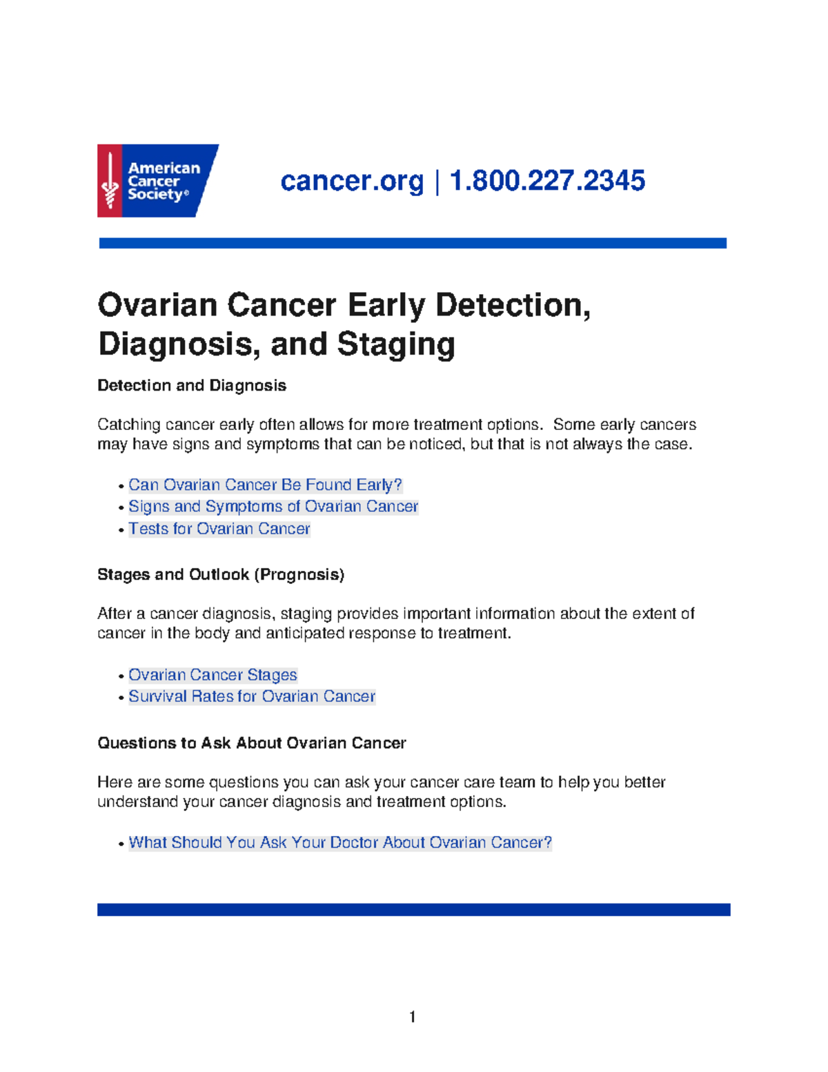 Ovarian Cancer 2 - 800. Detection and Diagnosis Catching cancer early ...