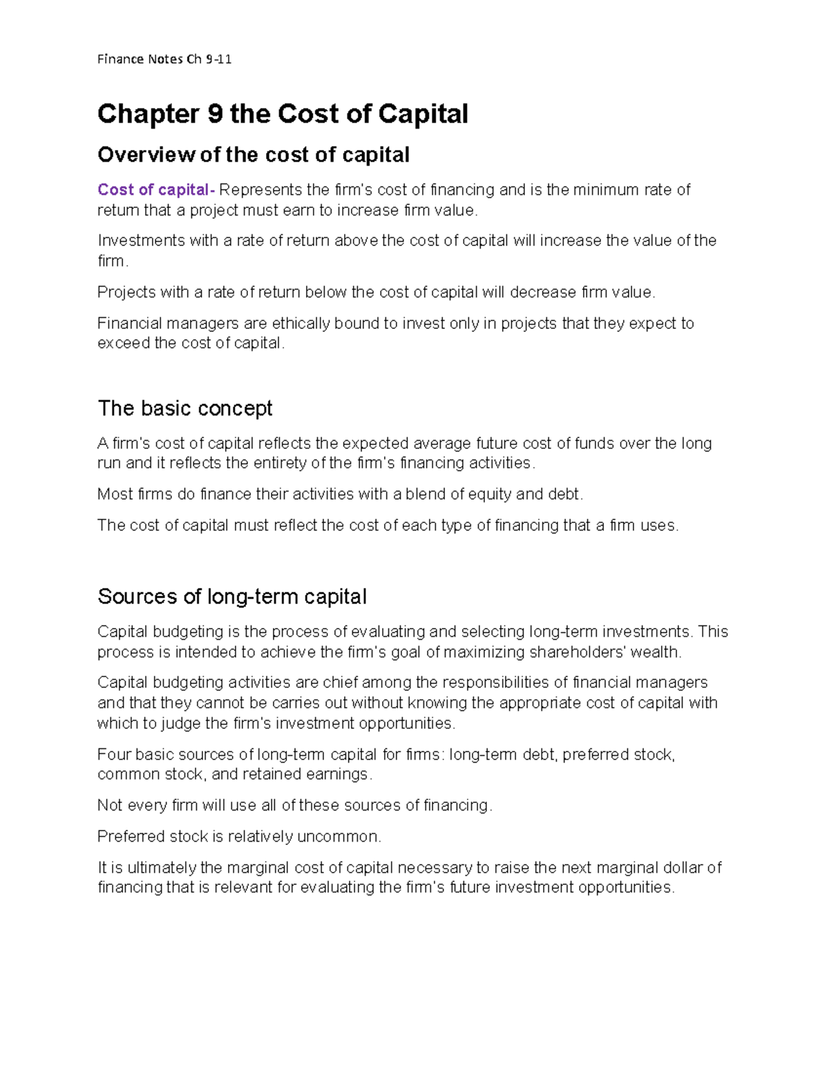 Finance Notes ch 9-11 - Finance Notes Ch 9-11 Chapter 9 the Cost of ...