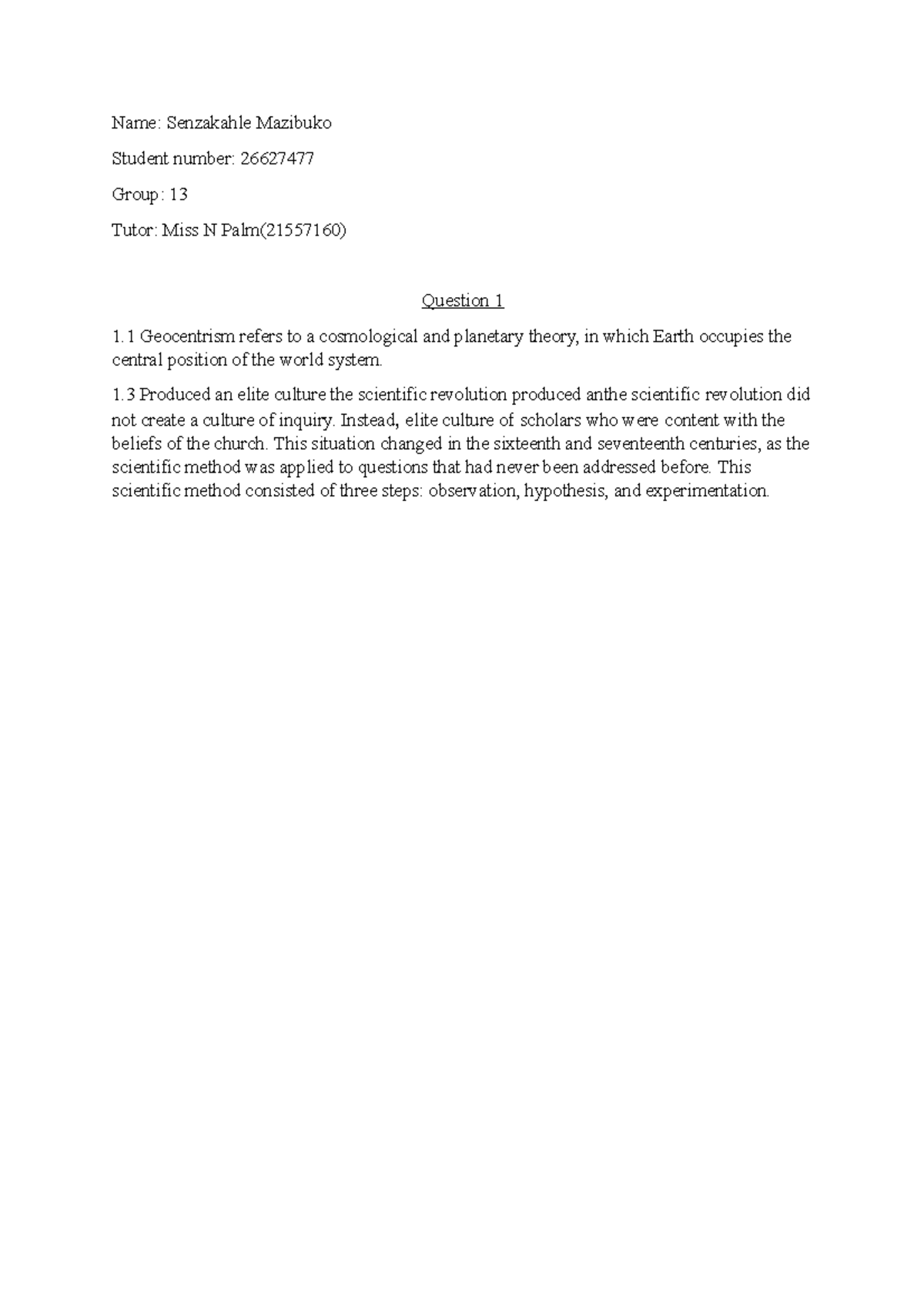 History tutorial 5 - tut5 - Name: Senzakahle Mazibuko Student number ...