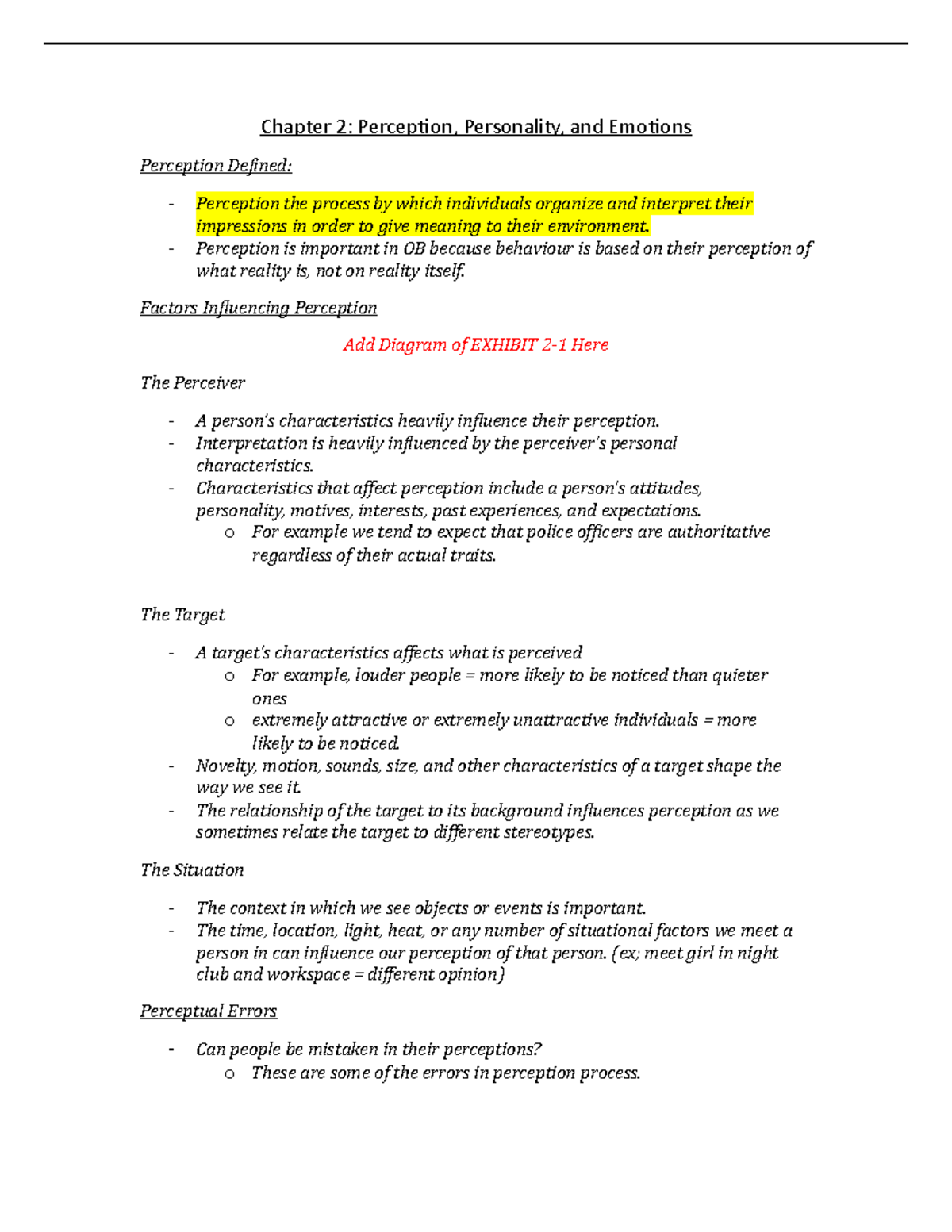 Chapter 2 notes - Chapter 2: Perception, Personality, and Emotions ...