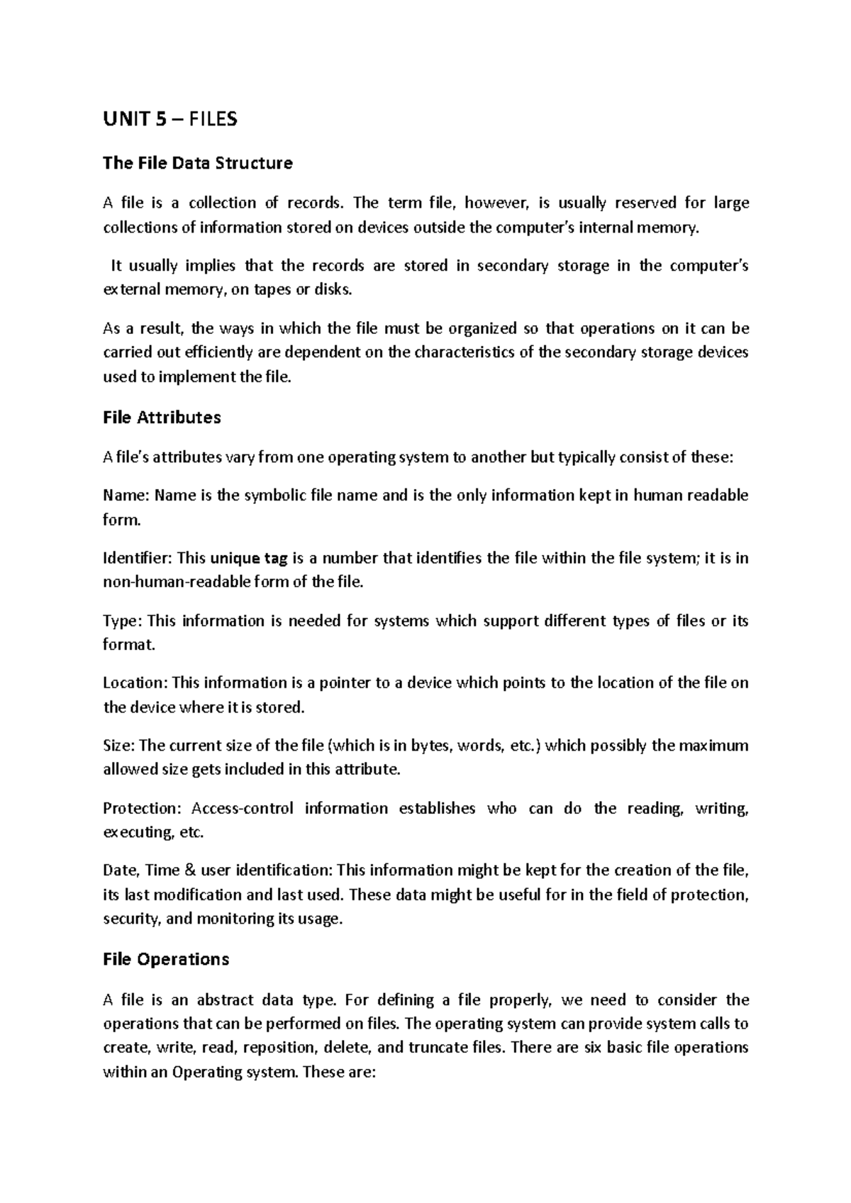 BCA SEM 3 data structure mod 5 - UNIT 5 – FILES The File Data Structure A file is a collection ...