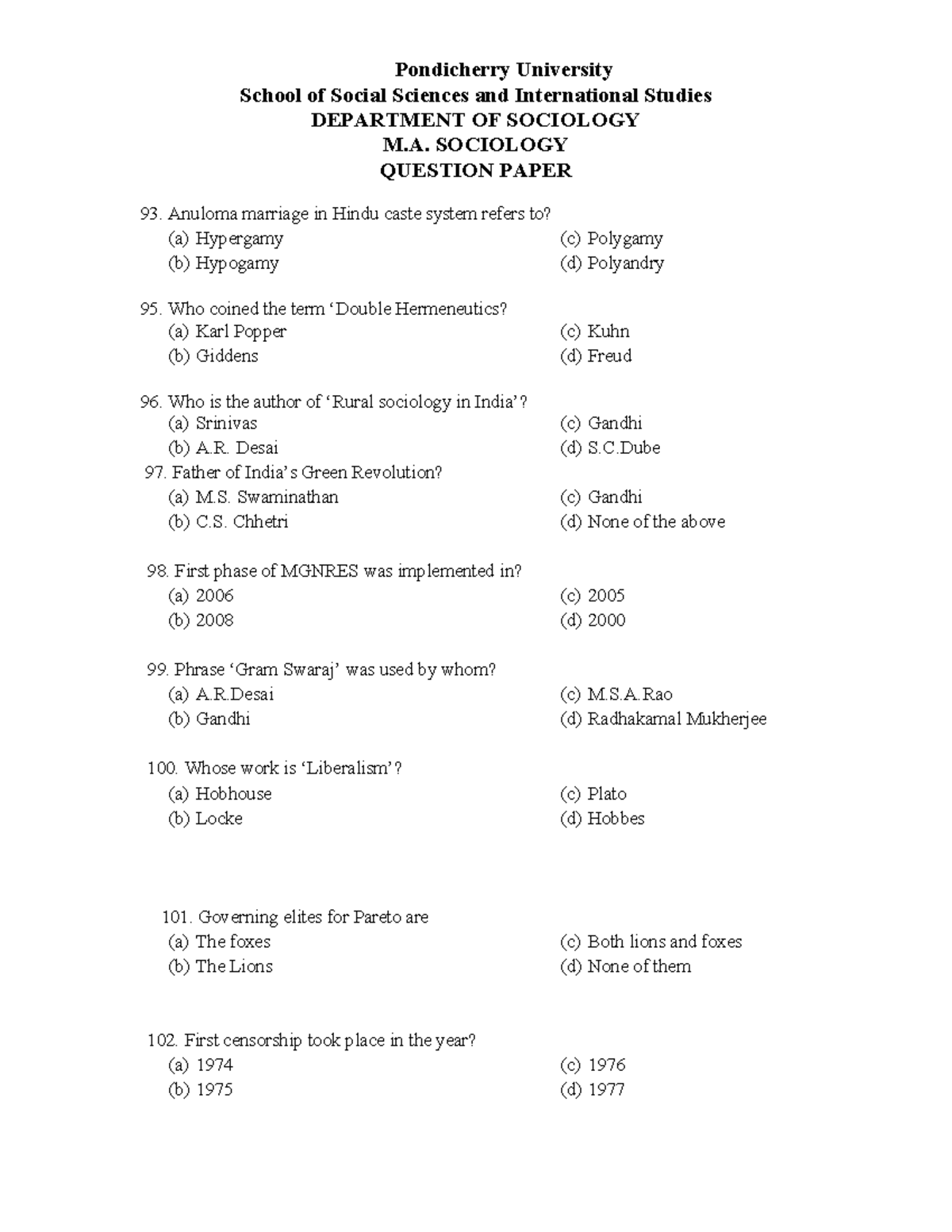 Sociology Question paper 3 - School of Social Sciences and ...