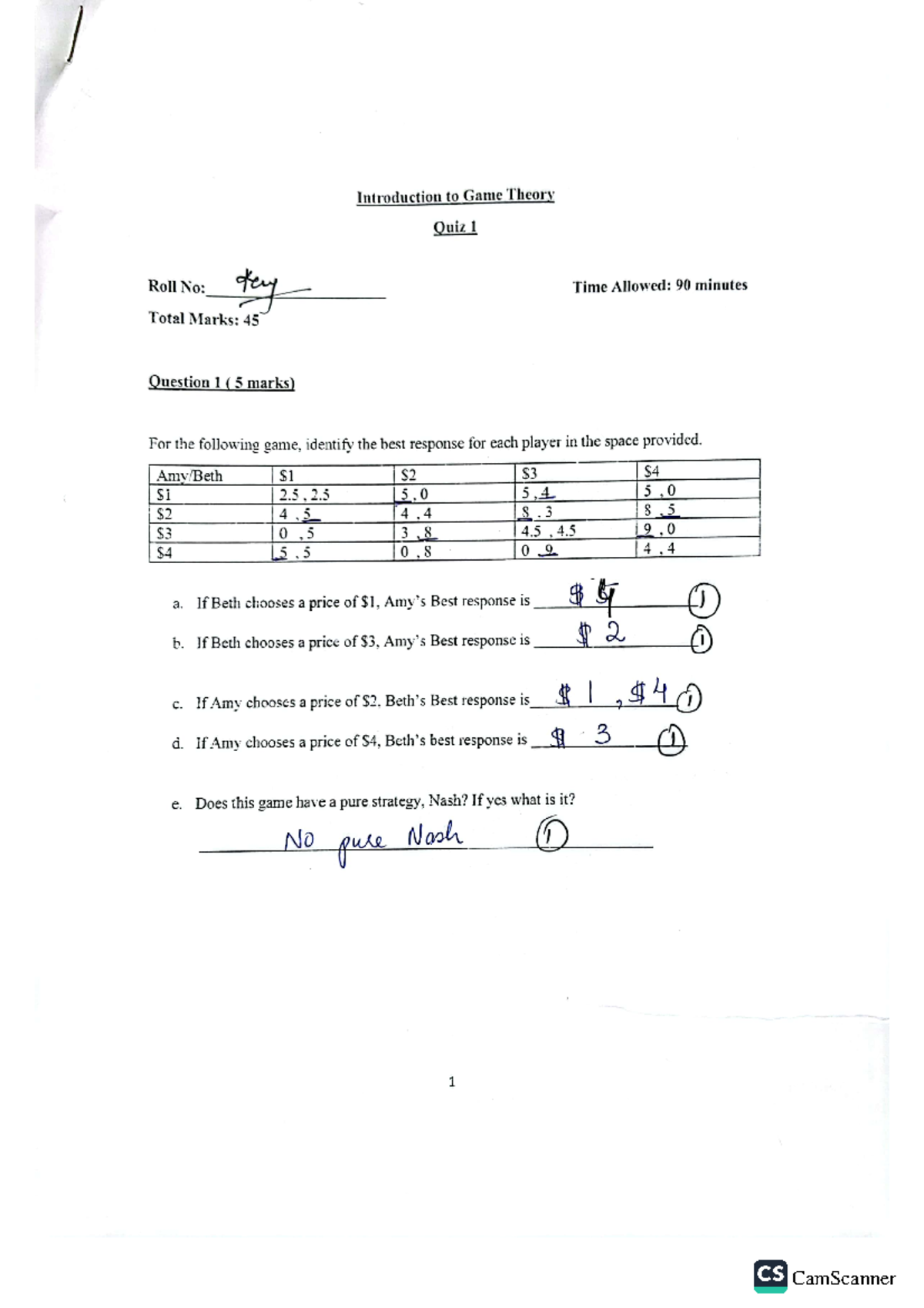 Quiz 1- sample for upload - Introduction to Game Theory Quiz 1 Roll No ... Quiz 1- sample for upload - Introduction to Game Theory Quiz 1 Roll No ...