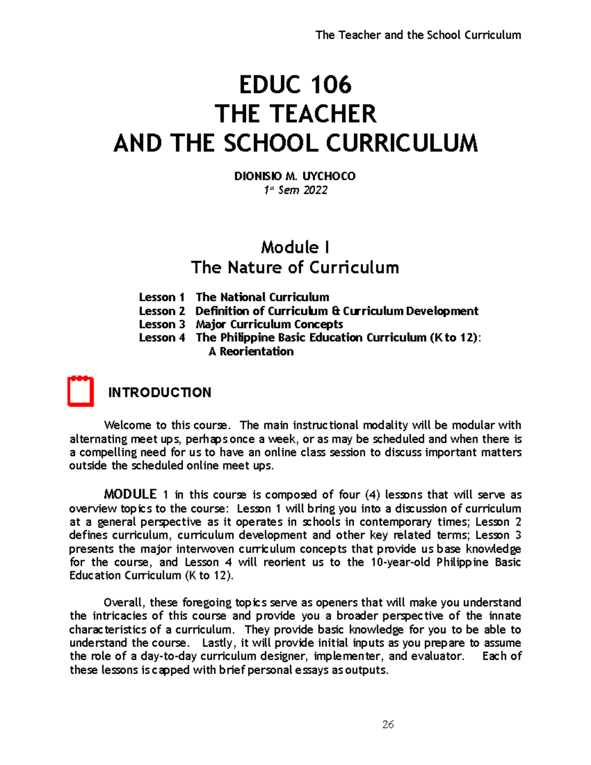 Module-1 Lesson 1 - INTRODUCTION EDUC 106 THE TEACHER AND THE SCHOOL ...