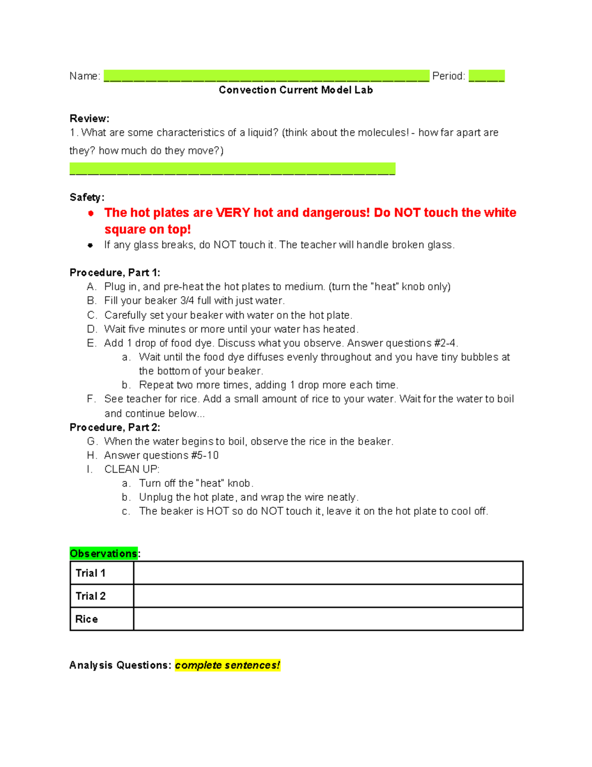 Copy of Convection Currents Lab Activity - Name: - Studocu