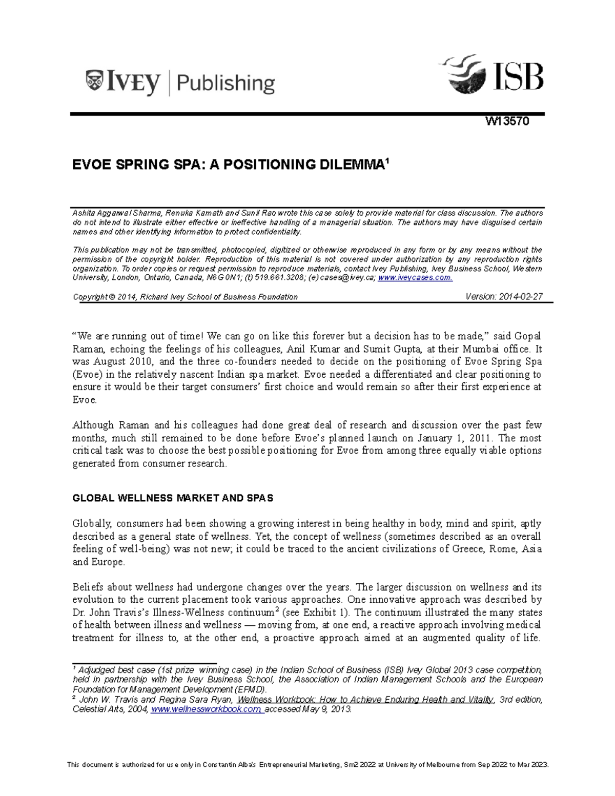 Evoe Spring Spa - Case study for 2022 exam. - This document is ...