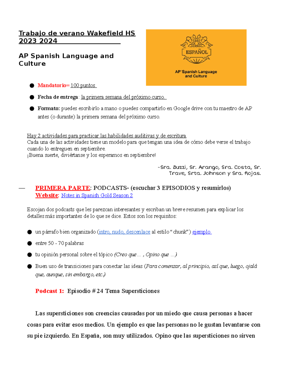 AP Spanish Language 2023 24 - Trabajo de verano Wakefield HS 2023 2024 ...
