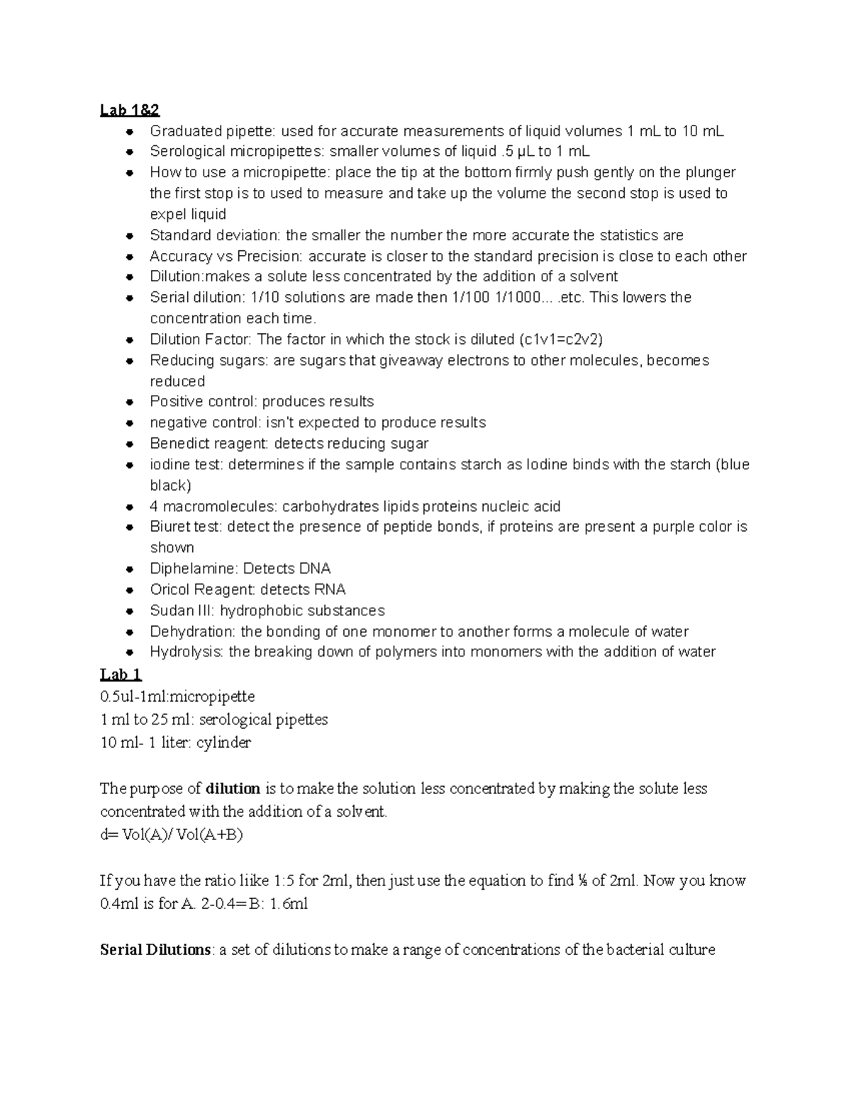 Bio Lab Practical Study - Lab 1& Graduated pipette: used for accurate ...