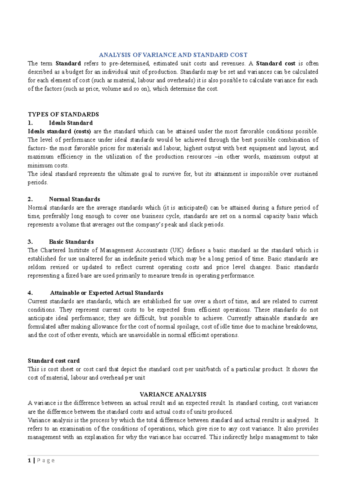Analysis OF Variance AND Standard COST - ANALYSIS OF VARIANCE AND ...
