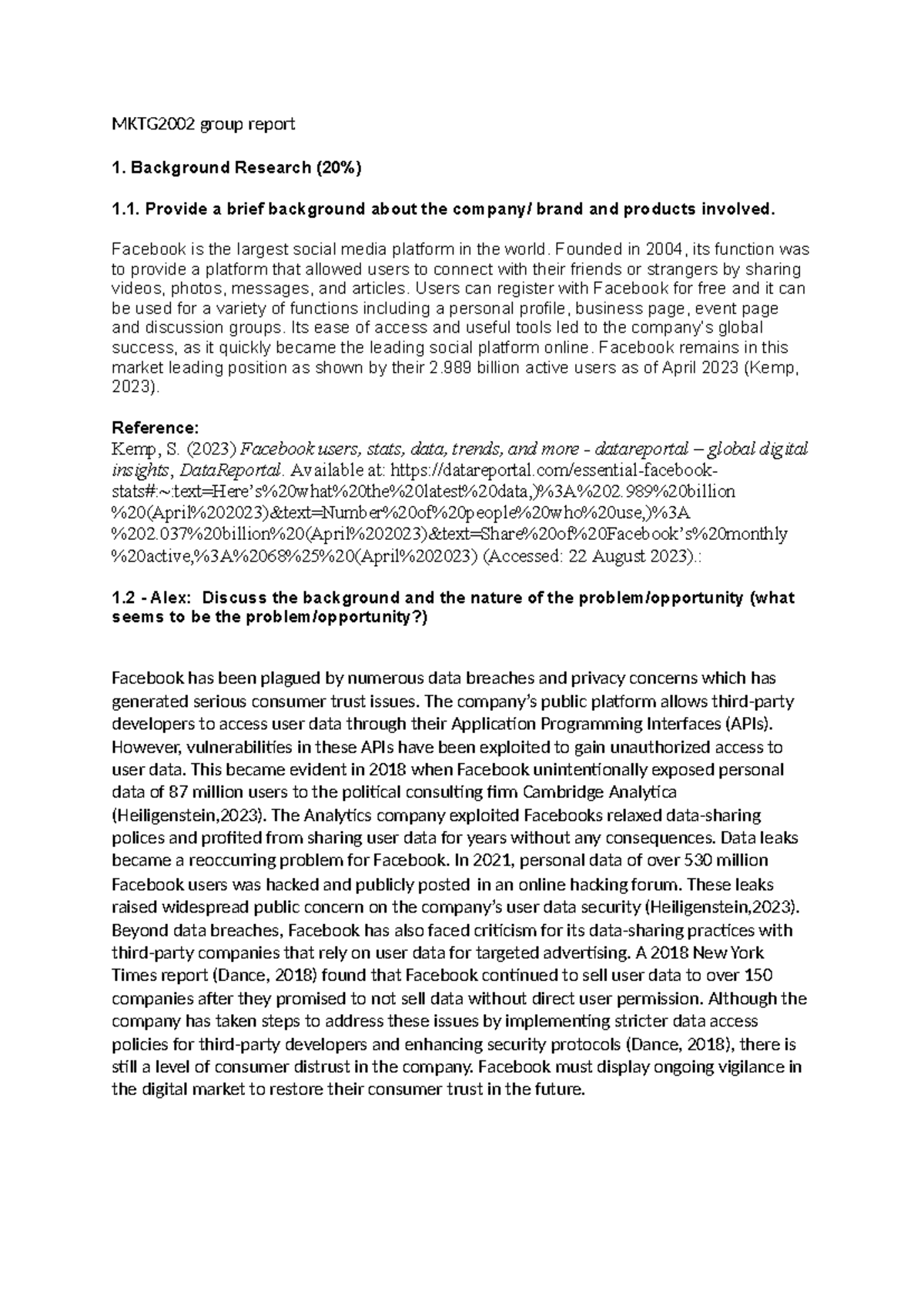 MKTG2002 group report - Background Research (20%) 1. Provide a brief ...