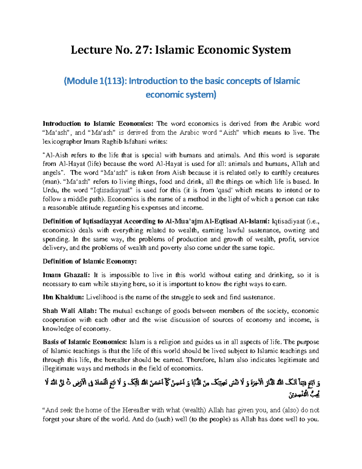 Handouts Lecture 27 ISL 202 (English) - Lecture No. 27: Islamic Economic System (Module 1(113 ...