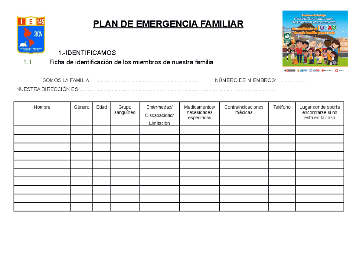 Esquema PLAN Familiar actual - PLAN DE EMERGENCIA FAMILIAR 1 Ficha de ...