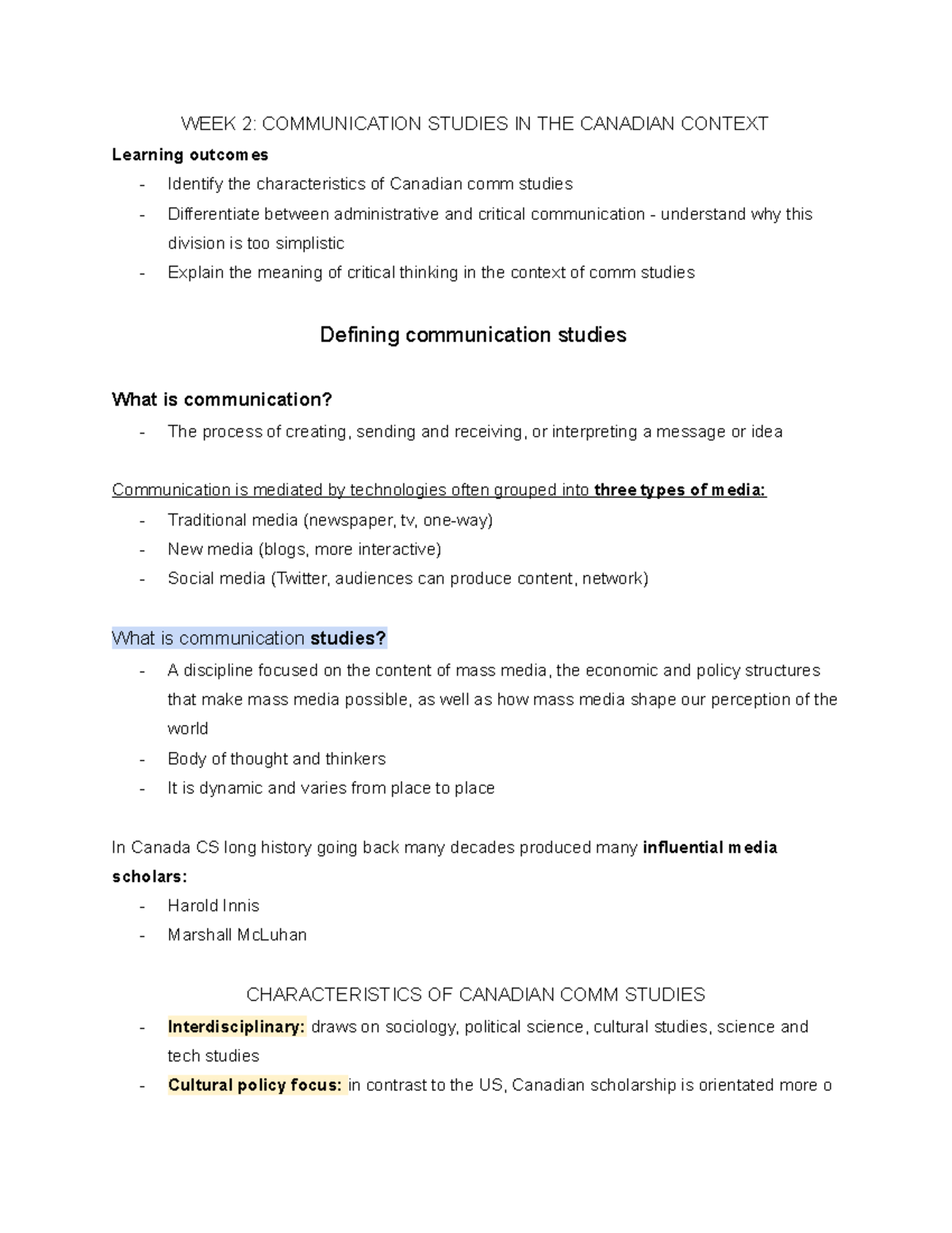 CS101 WEEK 1-10 Notes - WEEK 2: COMMUNICATION STUDIES IN THE CANADIAN ...