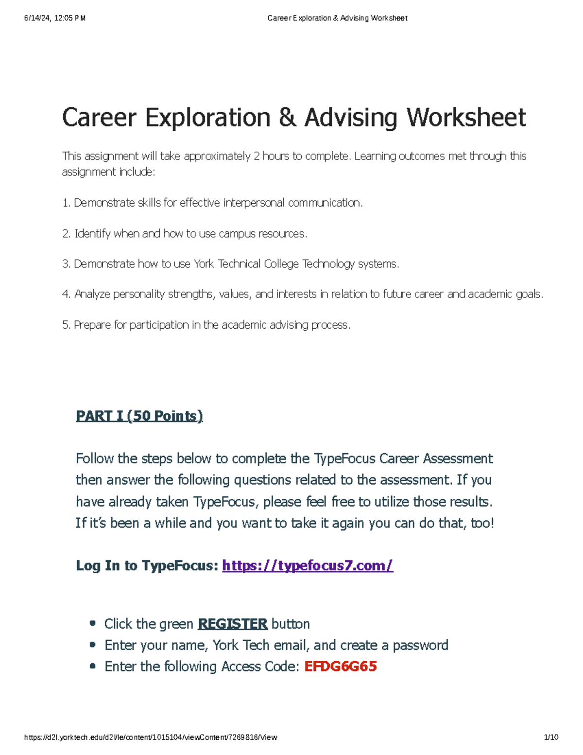 Career Exploration & Advising Worksheet - College Orientation - Section ...