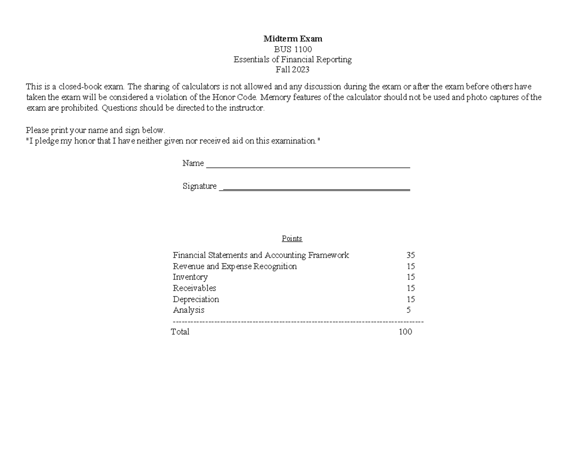BUS 1100 Midterm Exam Fall 2023 - Midterm Exam BUS 1100 Essentials of Financial Reporting Fall ...