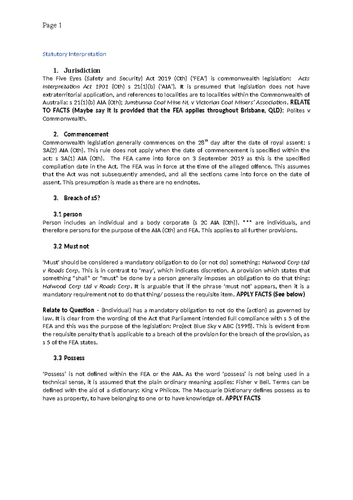 Statutory Interpretation exam template - Statutory Interpretation 1 ...