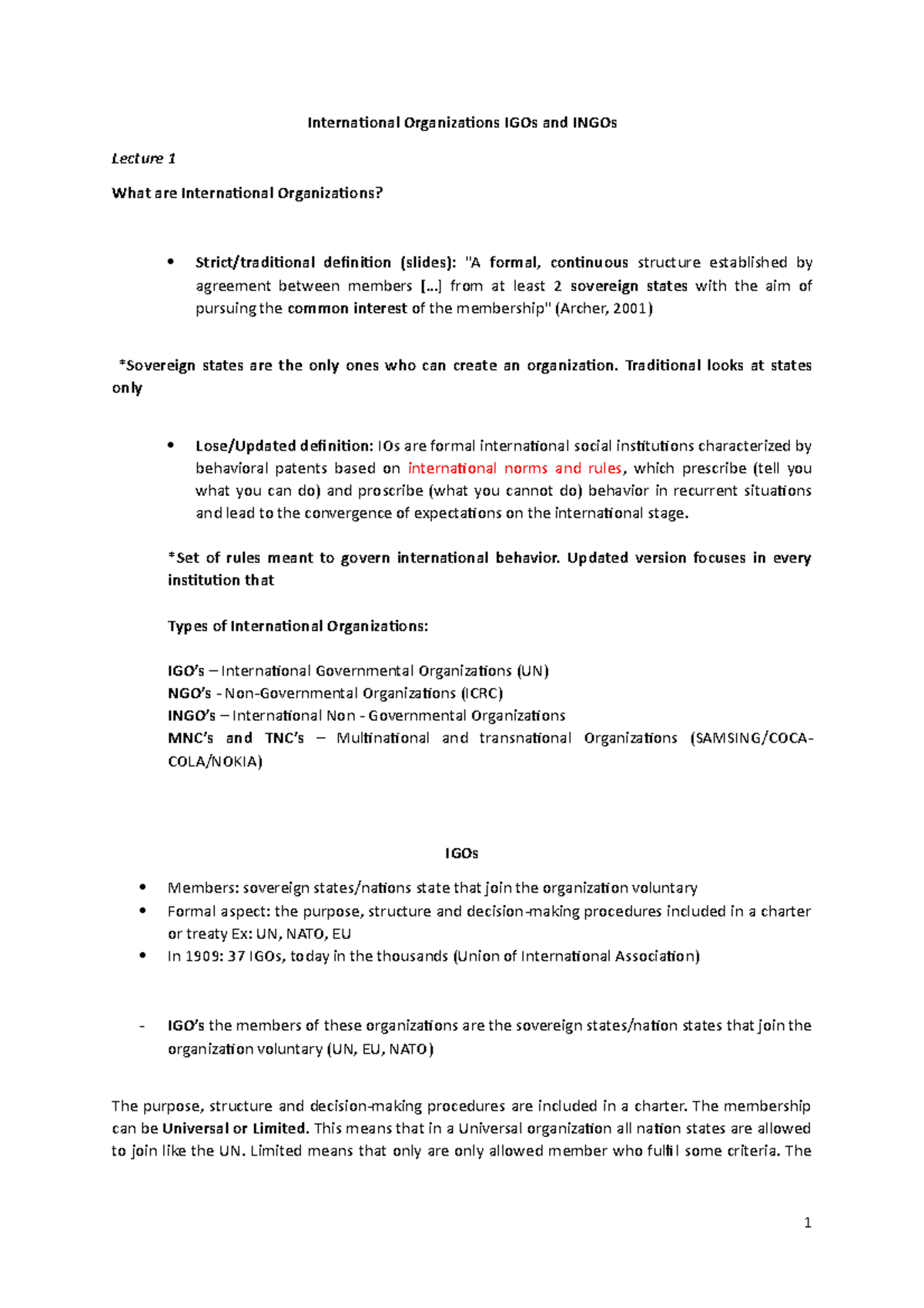 IGO's and INGO's Summary 1st Exam - International Organizations IGOs ...