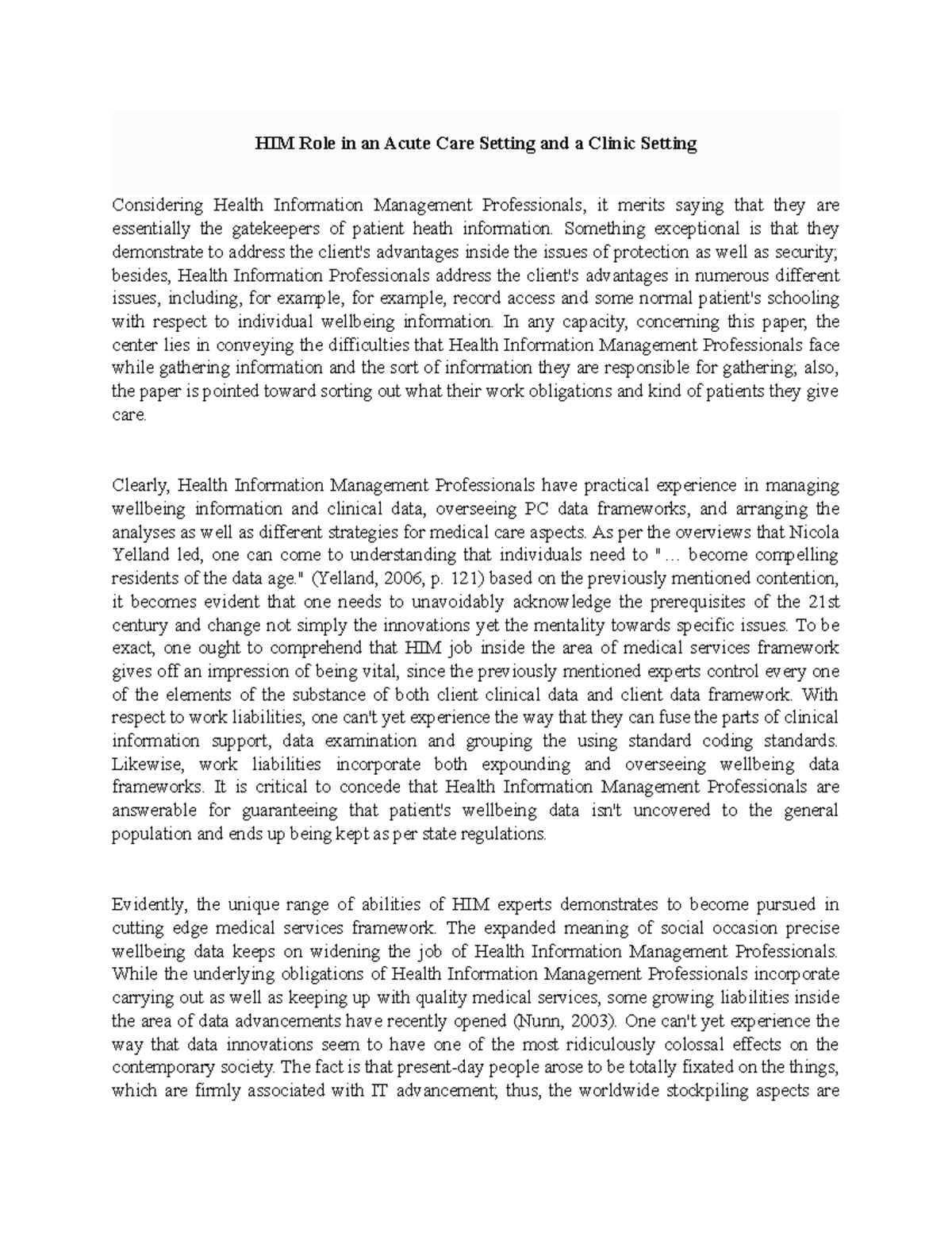 HIM Role in an Acute Care Setting and a Clinic Setting - HIM Role in an ...