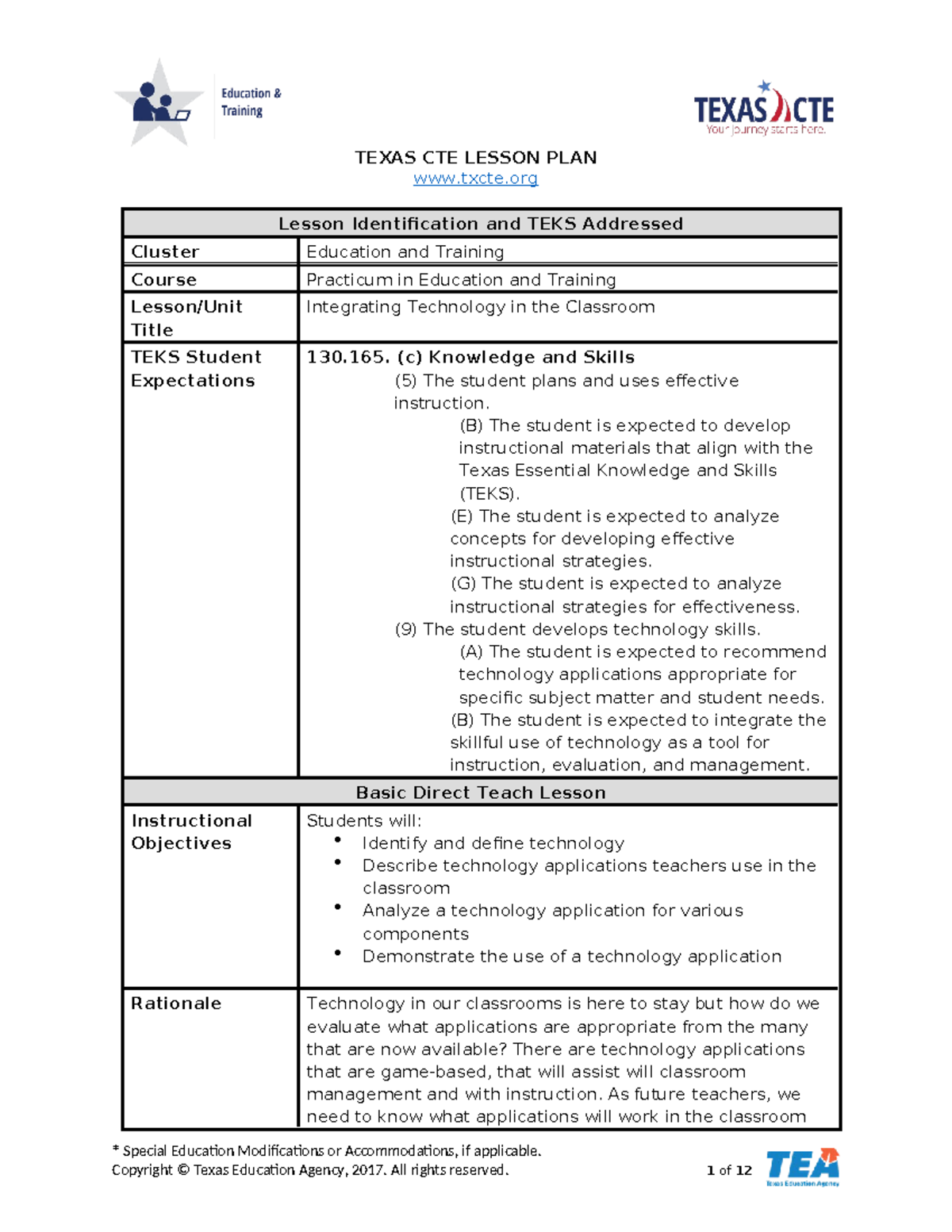Lesson Plan Integrating Technology in the Classroom 0 - TEXAS CTE ...