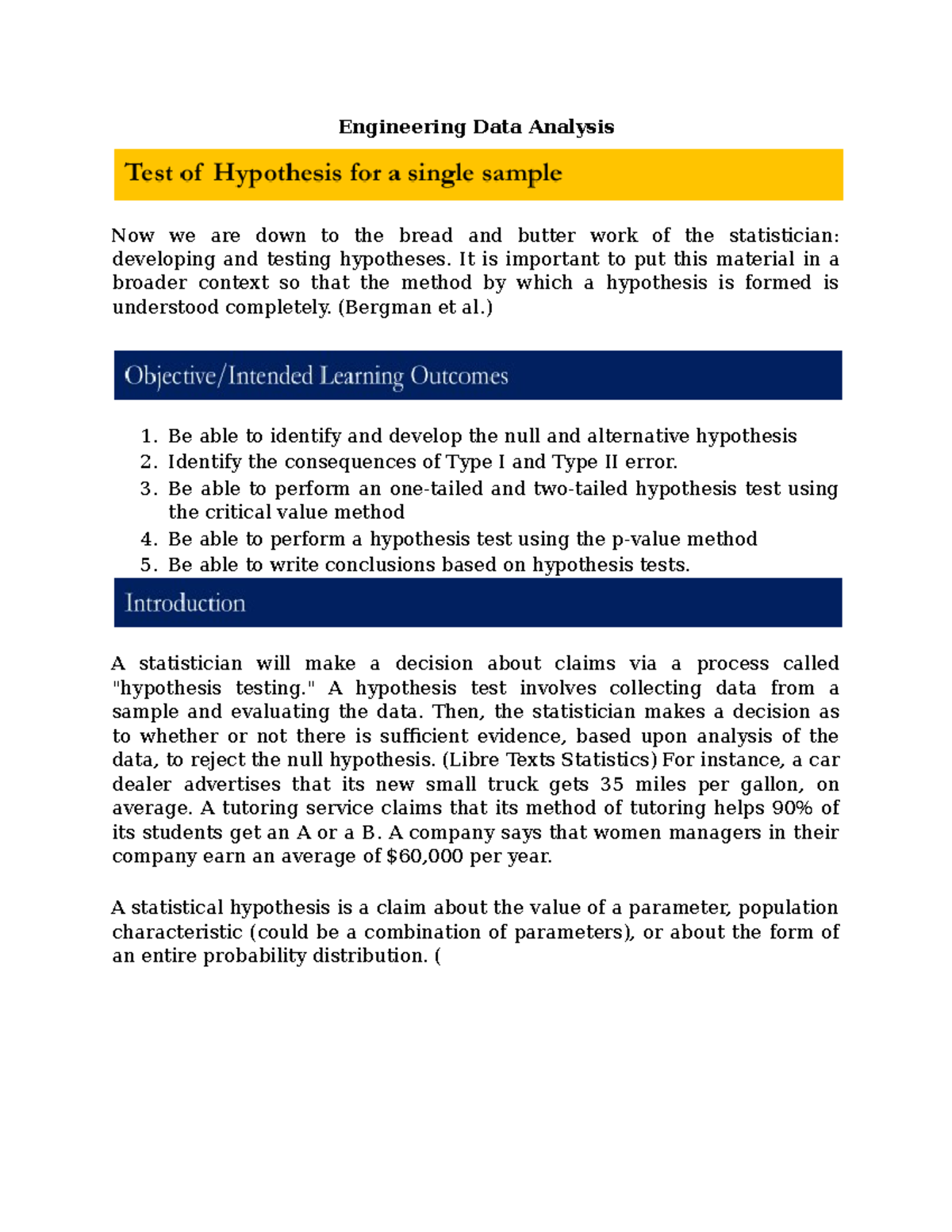 Test of Hypothesis for a single sample - Engineering Data Analysis Now ...