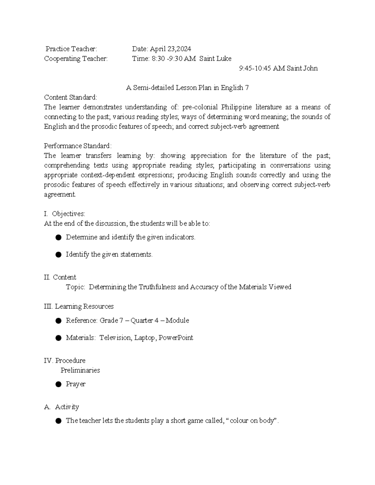 Lesson plan for Determining the Truthfulness and Accuracy of the ...