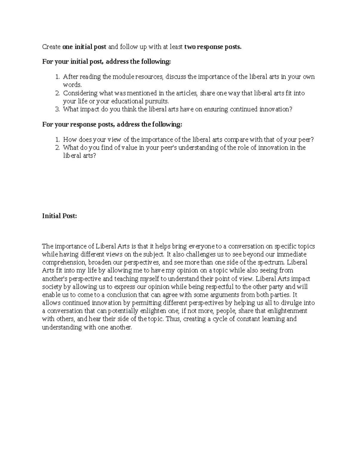 1-1 Discussion: Innovation and Liberal Arts - Create one initial post ...