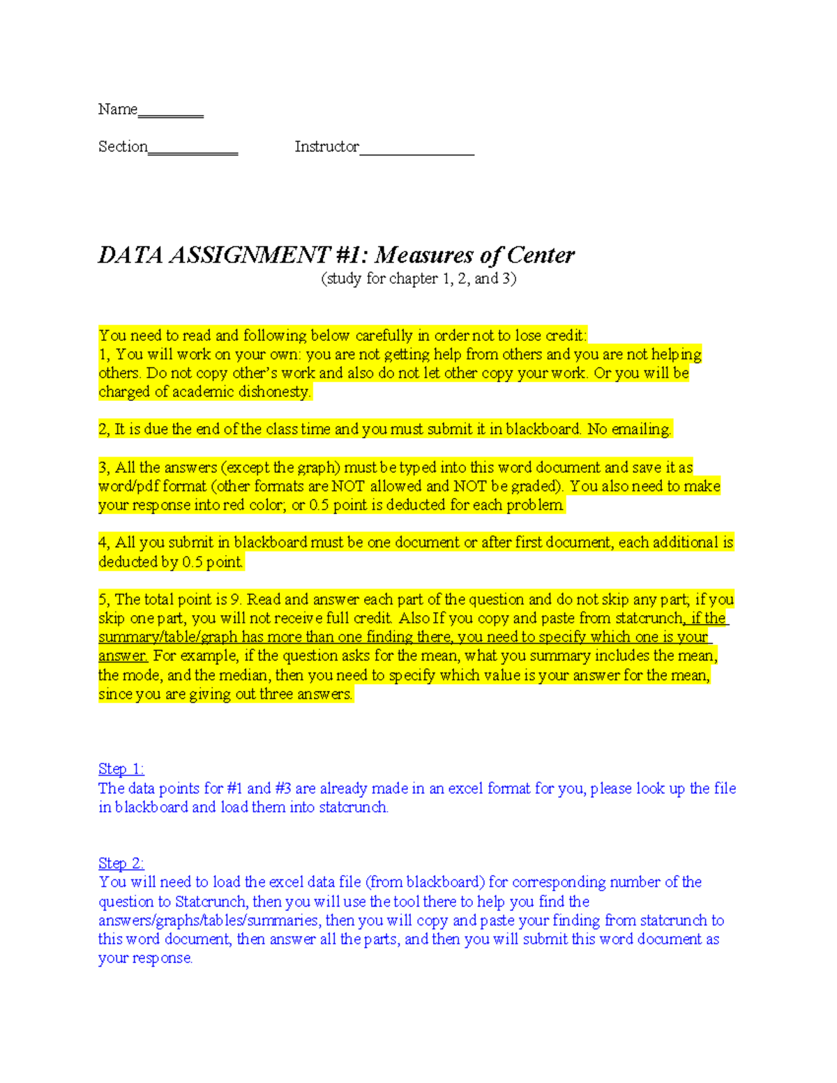 data day 1 - data day 1 - Name________ Section___________ Instructor ...