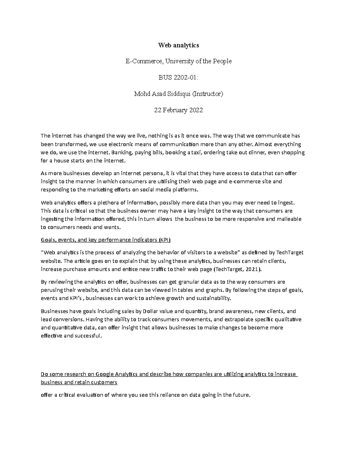 Written ecomm 4 - web analytics - Web analytics E-Commerce, University of the People BUS 2202-01 ...