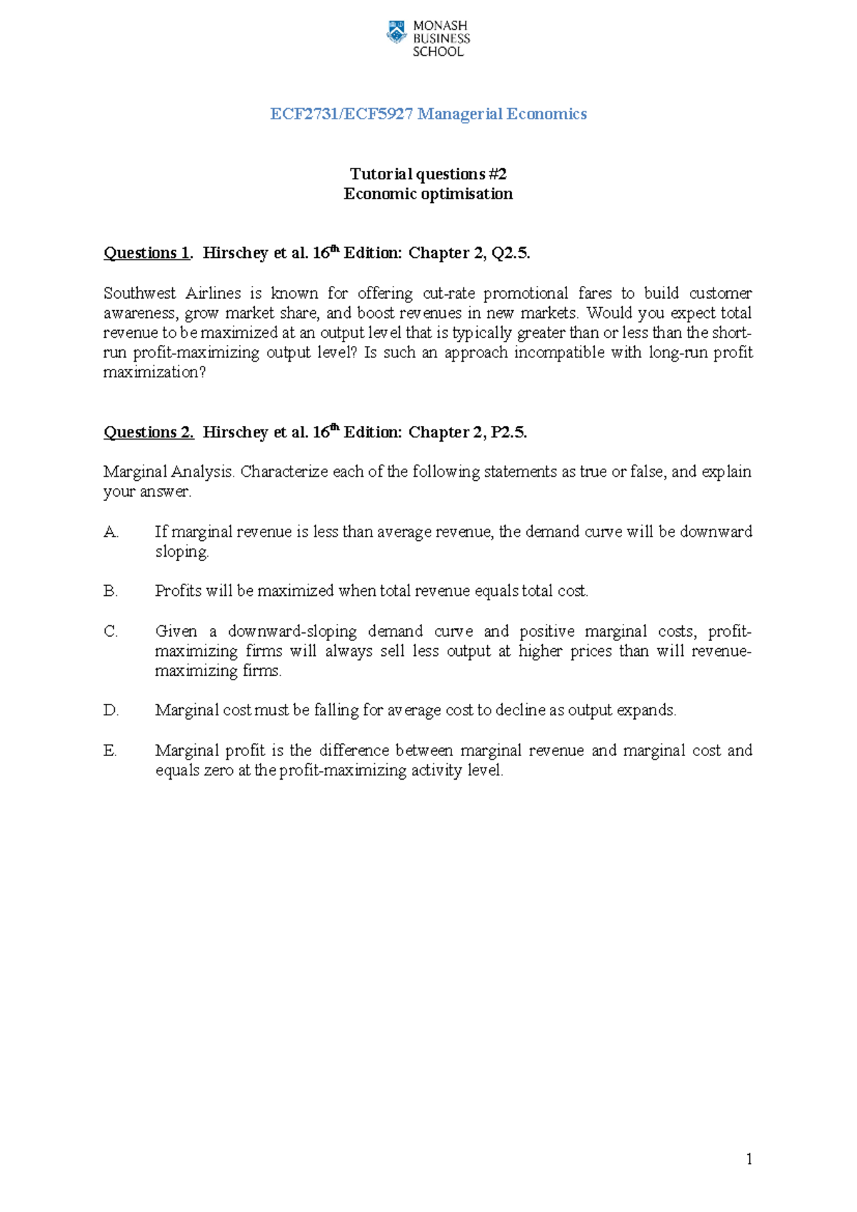 Tutorial 2 Questions - ECF2731/ECF5927 Managerial Economics Tutorial ...