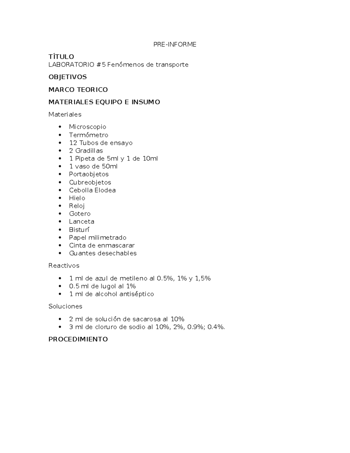 Pre-informe fenómenos de transporte - PRE-INFORME TÍTULO LABORATORIO #5 Fenómenos de transporte ...