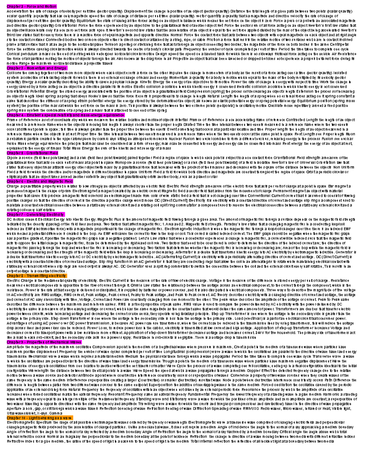 Physics Cheat Sheet Exam - Chapter 2 - Force and Motion Acceleration ...
