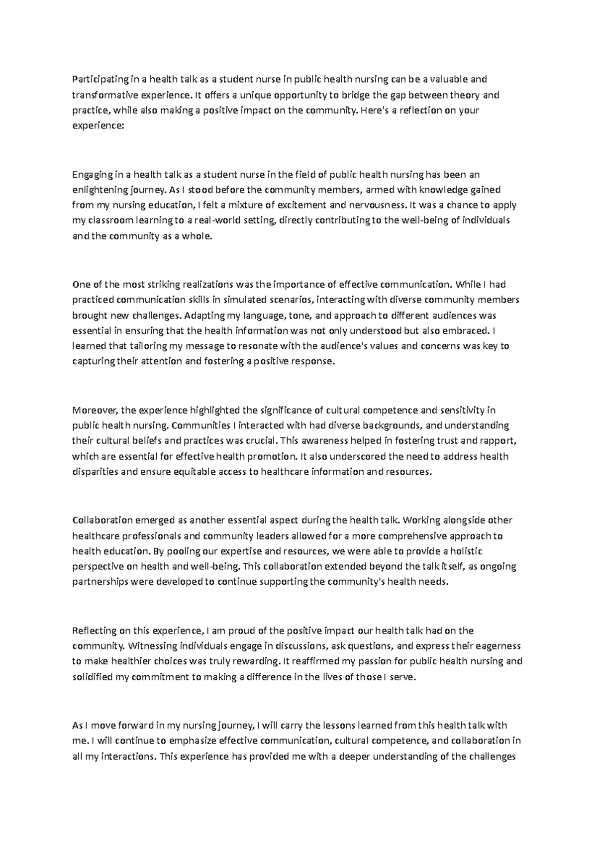 Participating in a health talk as a student nurse in public health ...