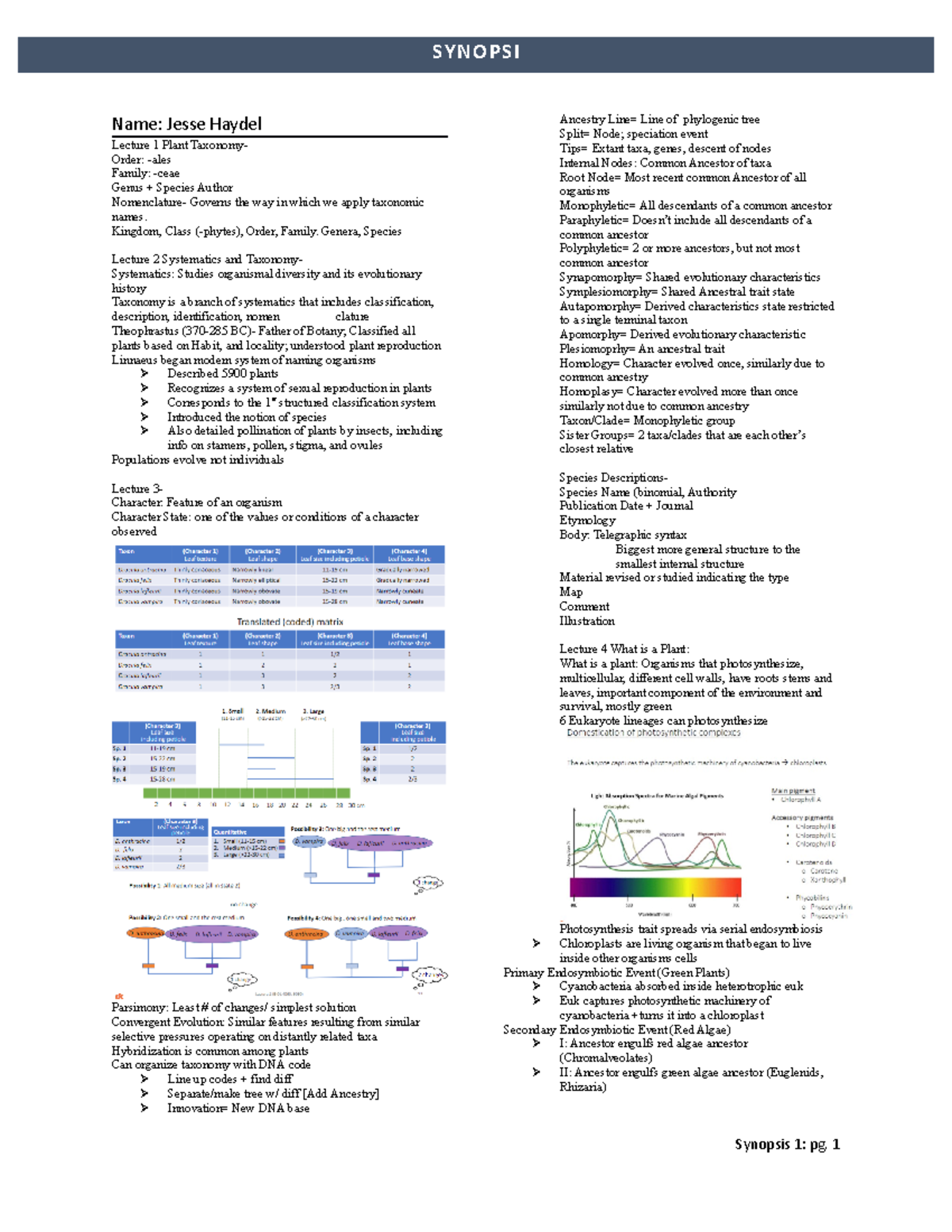 Synopsis 1 (First Unit) - Name: Jesse Haydel Lecture 1 Plant Taxonomy ...