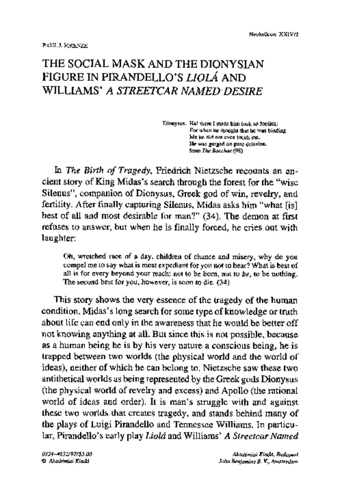 The Social Mask and The Dionysian Figure - Neohelicon XXIV/ PAUL J ...