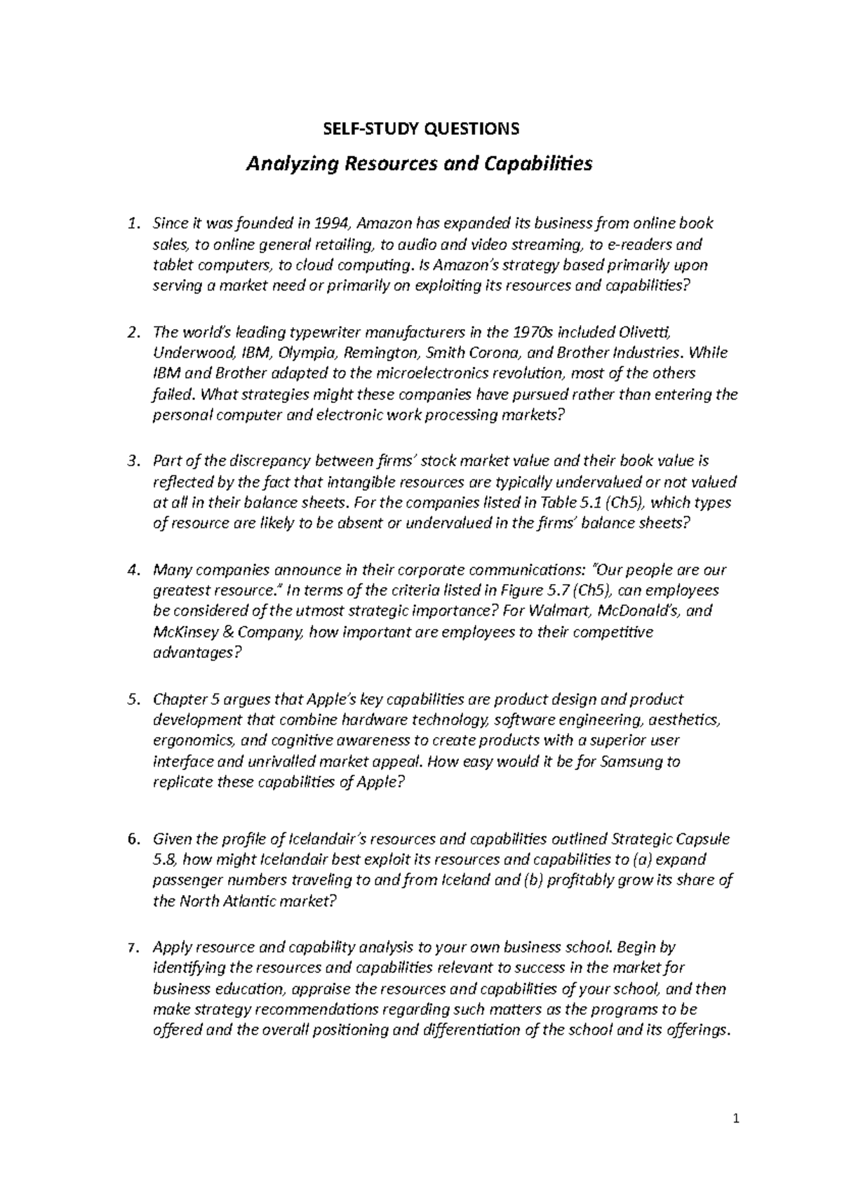 Analysing Resources and Capabilities - Self study questions - SELF ...