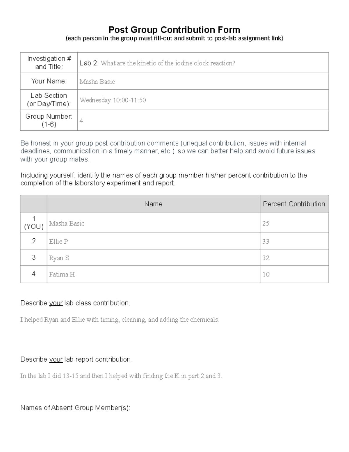 Post lab 2 - lab work - Post Group Contribution Form (each person in ...