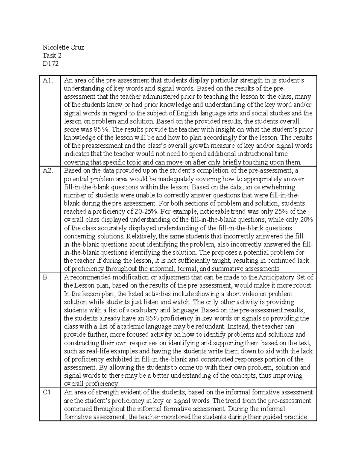 D172 KPM3 Task 2 - Nicolette Cruz Task 2 D A1. An area of the pre-assessment that students ...