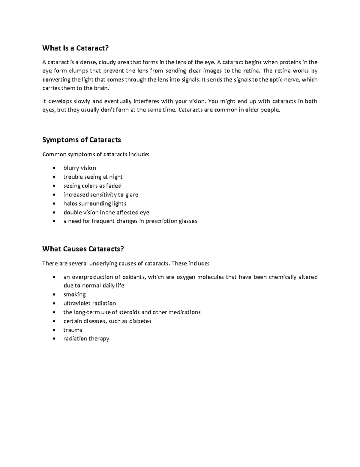 Cataracts lecture notes - What Is a Cataract? A cataract is a dense ...