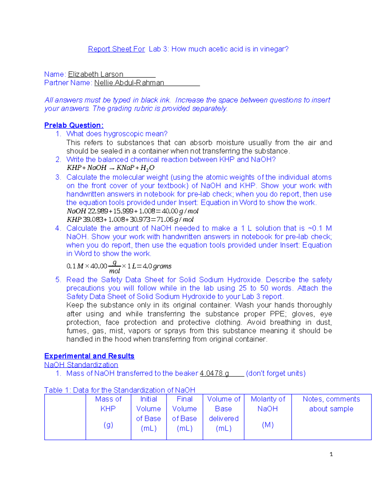 Lab 2 report sheet How much acetic acid is in vinegar - Report Sheet ...