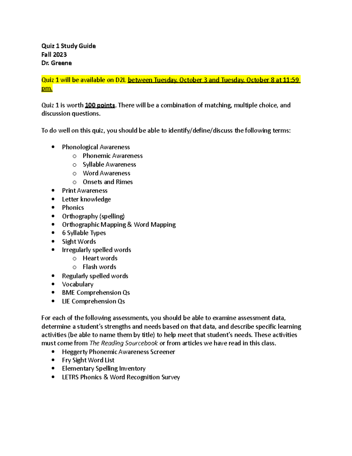 Quiz 1 Study Guide - Quiz 1 Study Guide Fall 2023 Dr. Greene Quiz 1 ...