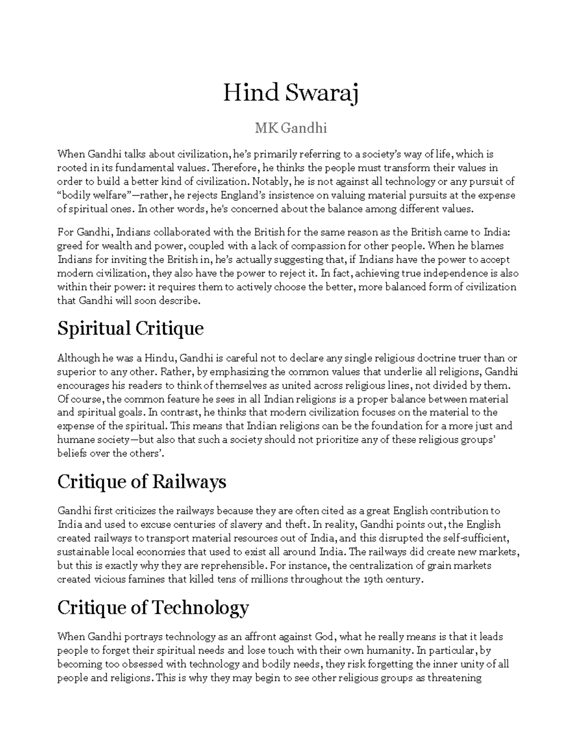 Hind Swaraj - Summary Philosophy Honours - Hind Swaraj MK Gandhi When ...