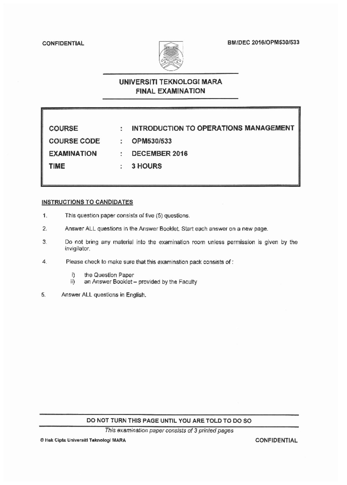 OPM530 533 17 - PYQ - Introduction to Operations Management - Studocu