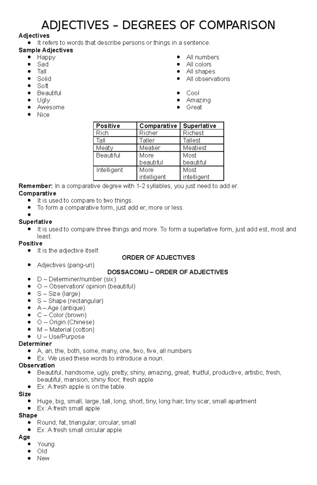 Adjectives - Lecture notes 2 - ADJECTIVES – DEGREES OF COMPARISON ...