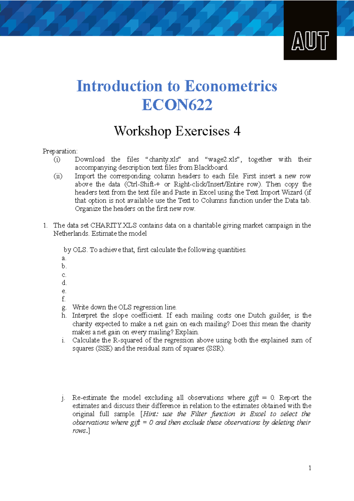 Workshop Exercises 4 Introduction To Econometrics Econ Workshop Exercises 4 Preparation I