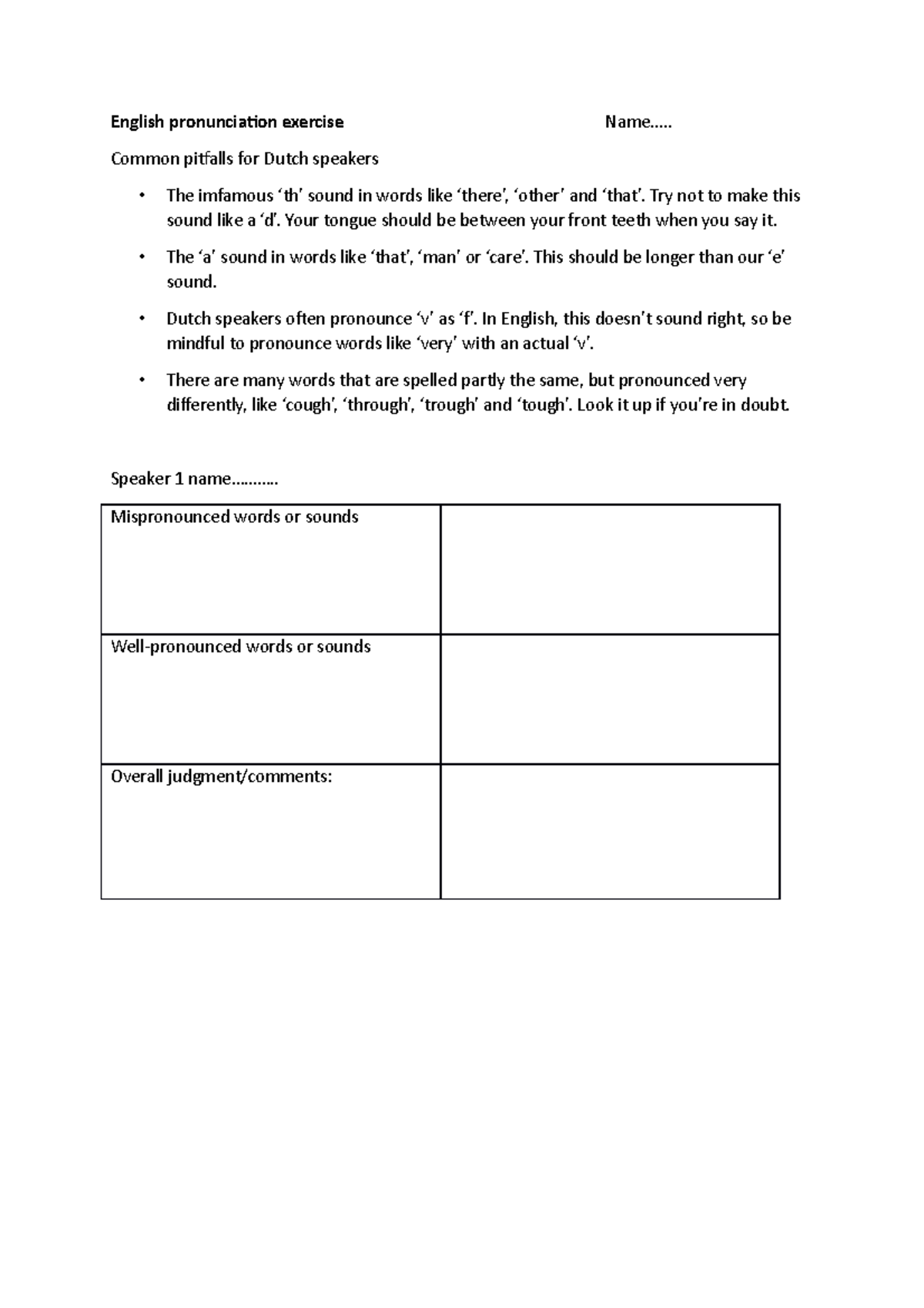 Pronunciation-exercise-worksheet - English pronunciation exercise Name ...
