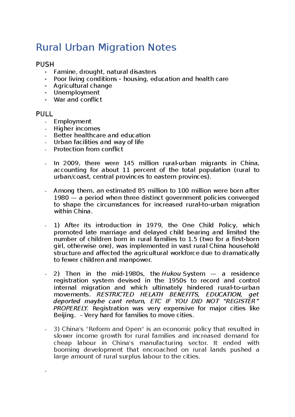 Rural Urban Migration Notes - Rural Urban Migration Notes PUSH Famine ...